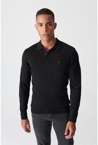 Avva Erkek Siyah Polo Yaka Düz Kazak E005006 Avva Erkek Siyah Polo Yaka Düz Kazak E005006