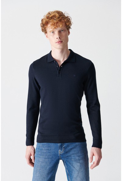 Avva Erkek Lacivert Polo Yaka Düz Kazak E005006 Avva Erkek Lacivert Polo Yaka Düz Kazak E005006