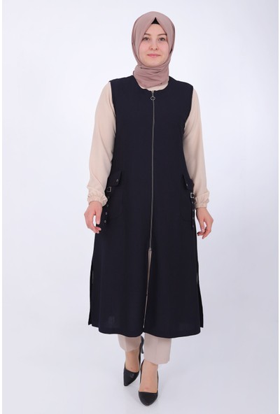 Kombinal Kadın Lacivert Kuş Gözü Detaylı Tesettür Büyük Beden Yelek- 7409-1 Kombinal Kadın Lacivert Kuş Gözü Detaylı Tesettür Büyük Beden Yelek- 7409-1