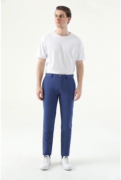 D'S Damat Twn Lacivert Düz Keten Kumaş Pantolon