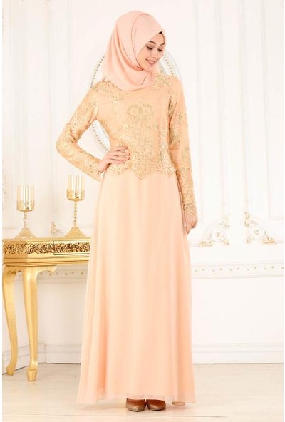 Neva Style - Üzeri Dantel Detaylı Pudra Tesettür Abiye Elbise 25604PD Neva Style - Üzeri Dantel Detaylı Pudra Tesettür Abiye Elbise 25604PD