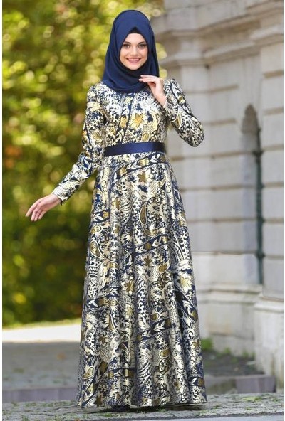 Neva Style Tesettürlü Abiye Elbise - Jakarlı Desenli Lacivert Tesettür Abiye Elbise 24494L