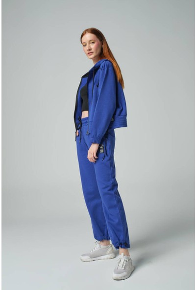 David&Gerenzo Saks Mavisi Çapraz Bağcık Detaylı Fermuarlı Kapüşonlu Oversize Eşofman Takımı