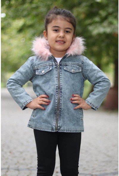 Riccotarz Kız Çocuk Pudra Kürklü Kapüşonlu Kot Ceket