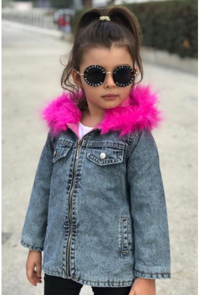 Riccotarz Kız Çocuk Fuşya Kürklü Kapüşonlu Kot Ceket