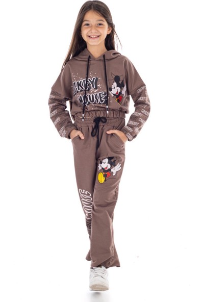 Riccotarz Kız Çocuk Mickey Mouse Beli Lastikli Bol Paça Kahverengi Eşofman Takım