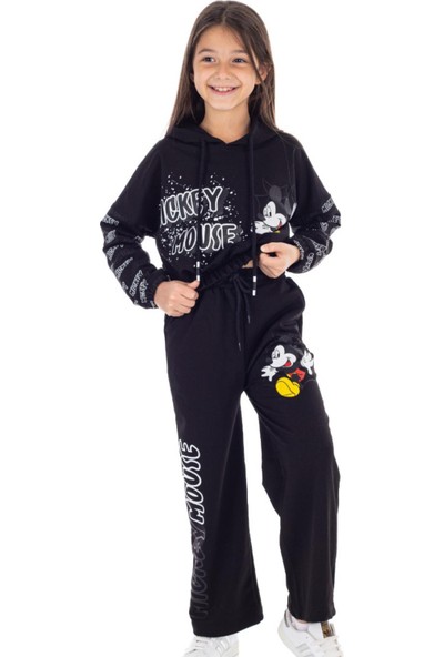 Riccotarz Kız Çocuk Mickey Mouse Beli Lastikli Bol Paça Siyah Eşofman Takım