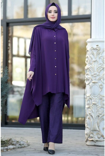 Neva Style Tesettürlü Abiye Elbise - Tunik & Pantolon Mor Tesettür Abiye Takım 3754MOR
