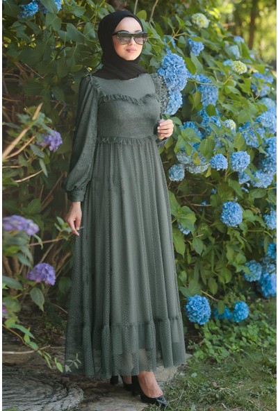 Neva Style Tesettürlü Abiye Elbise - Puantiyeli Haki Tesettür Abiye Elbise 38730HK