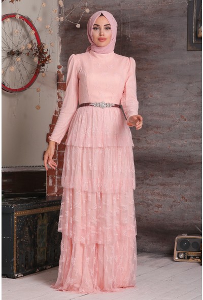 Neva Style Tesettürlü Abiye Elbise - Taş Detaylı Pudra Tesettür Abiye Elbise 39680PD