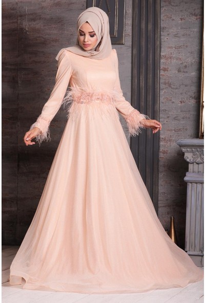Neva Style Tesettürlü Abiye Elbise - Püsküllü Somon Tesettür Abiye Elbise 3934SMN