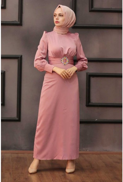 Neva Style Tesettürlü Abiye Elbiseler - Tokalı Kemerli Pudra Tesettür Abiye Elbise 43650PD Neva Style Tesettürlü Abiye Elbiseler - Tokalı Kemerli Pudra Tesettür Abiye Elbise 43650PD