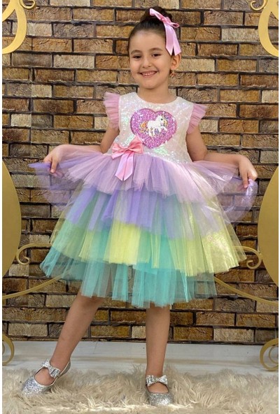 Riccotarz Kız Çocuk Unicorn Pony Gökkuşağı Abiye