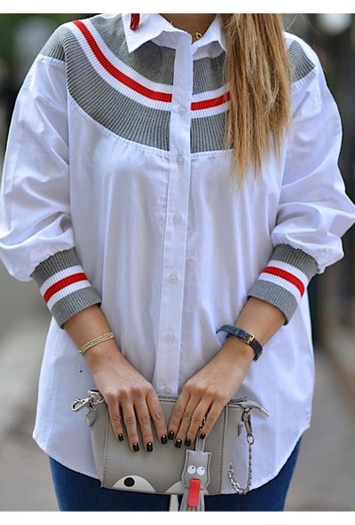 Furkan Exclusive Kadın Beyaz Trikolu Salaş Boyfriend Pamuk Gömlek