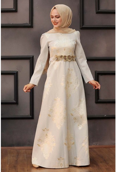 Neva Style Neva Style - Beli Çiçek Detaylı Ekru Tesettür Abiye Elbise 2680E Neva Style Neva Style - Beli Çiçek Detaylı Ekru Tesettür Abiye Elbise 2680E