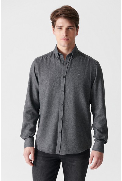 Avva Erkek Antrasit Armürlü Düğmeli Yaka Comfort Fit Gömlek A12Y2148