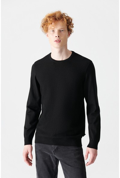 Avva Erkek Siyah Bisiklet Yaka Jakarlı Kazak A12Y5105