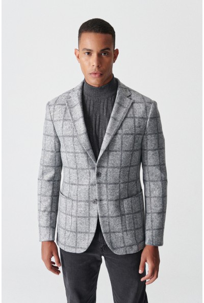 Avva Erkek Gri Mono Yaka Düz Slim Fit Torba Cepli Ceket A12Y4039