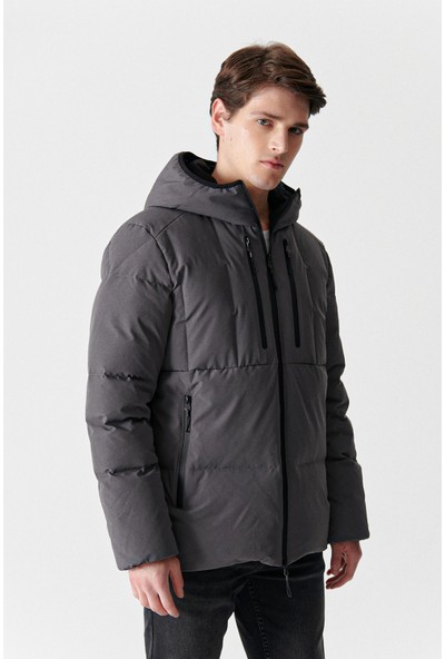 Avva Erkek Gri Kapüşonlu Yaka Kapitone Kaz Tüyü Mont A12Y6097