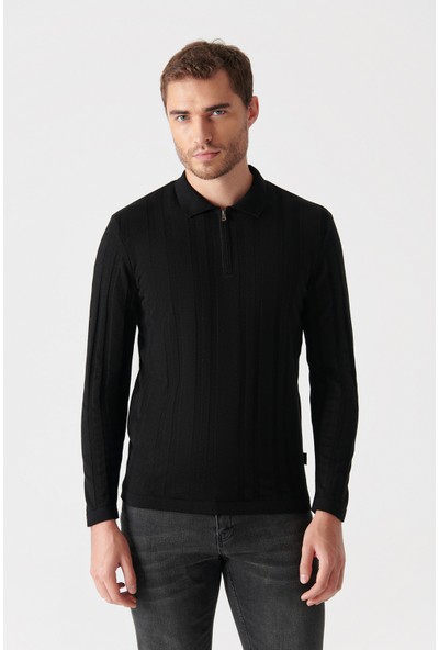 Avva Erkek Siyah Polo Yaka Jakarlı Fermuarlı Hırka A12Y5060