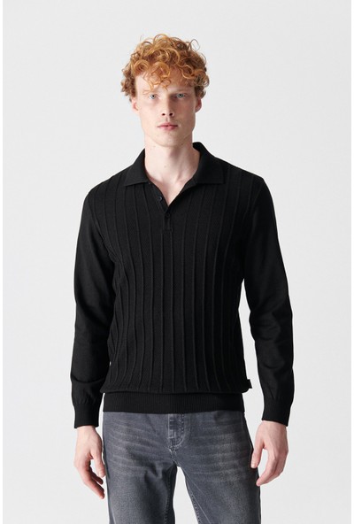 Avva Erkek Siyah Polo Yaka Jakarlı Kazak A12Y5123