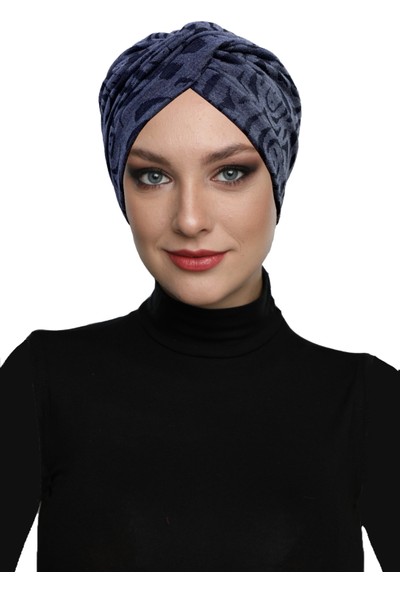 Fidan Bone Fidan Desenli Çapraz Penye Lacivert Gül Desenli Hazır Türban Tesettür Havuz Bonesi