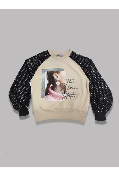 Little Star L11822K2157 Düz Yaka Normal Kalıp Baskılı Taş Kız Çocuk Sweatshirt
