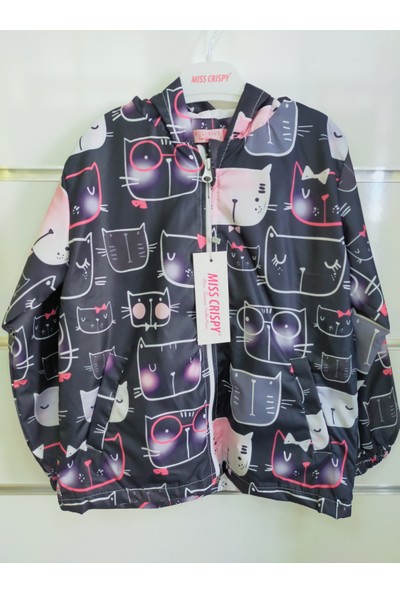 Miss Crispy Sevimli Kedi Baskılı Kapüşonlu Astarlı Yağmurluk