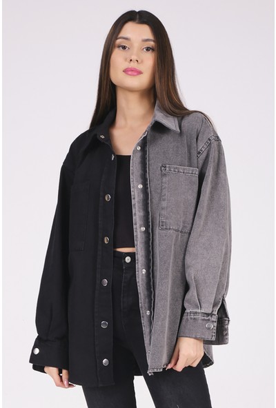 Iki Renkli Oversize Siyah Jean Kot Gömlek Iki Renkli Oversize Siyah Jean Kot Gömlek