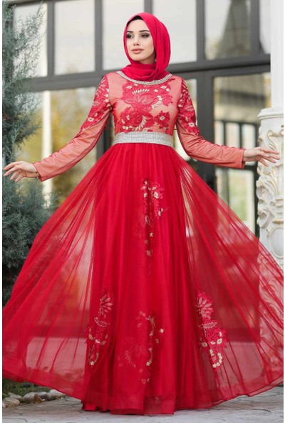 Tesettürlü Abiye Elbise - Yakası Taşlı Kırmızı Tesettür Abiye Elbise 2757K Tesettürlü Abiye Elbise - Yakası Taşlı Kırmızı Tesettür Abiye Elbise 2757K