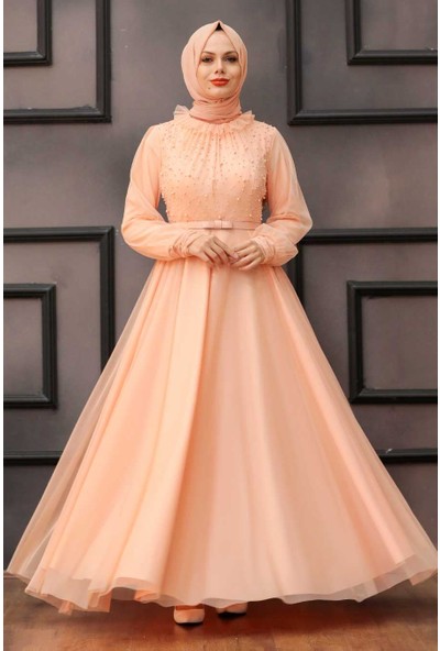 Tesettürlü Abiye Elbise - Inci Detaylı Somon Tesettür Abiye Elbise 2712SMN