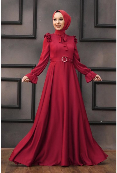 Tesettür Abiye Elbise - Omuz ve Yaka Detaylı Bordo Tesettür Abiye Elbise 27240BR