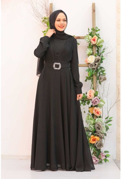 Neva Style Tesettürlü Abiye Elbiseler - Tokalı Kemerli Siyah Tesettür Abiye Elbise 27690S Neva Style Tesettürlü Abiye Elbiseler - Tokalı Kemerli Siyah Tesettür Abiye Elbise 27690S