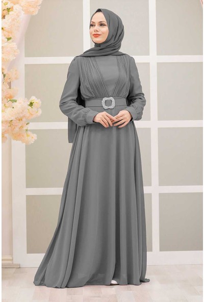 Tesettürlü Abiye Elbiseler - Tokalı Kemerli Füme Tesettür Abiye Elbise 27690FU Tesettürlü Abiye Elbiseler - Tokalı Kemerli Füme Tesettür Abiye Elbise 27690FU