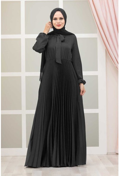 Tesettürlü Abiye Elbise - Pliseli Siyah Tesettür Abiye Elbise 3031S Tesettürlü Abiye Elbise - Pliseli Siyah Tesettür Abiye Elbise 3031S