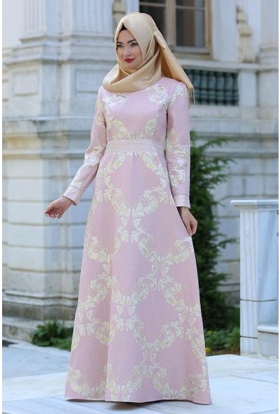 Neva Style - Desenli Pudra Tesettürlü Abiye Elbise 2642PD