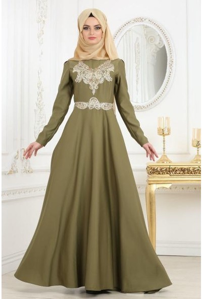 Tesettür Abiye Elbise - Önü Dantel Desenli Haki Abiye Elbise 2694HK