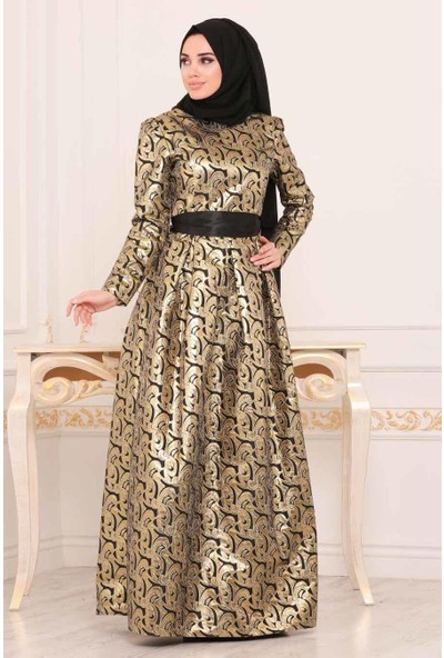 Nayla Collection - Jakarlı Siyah Tesettür Abiye Elbise 82446S