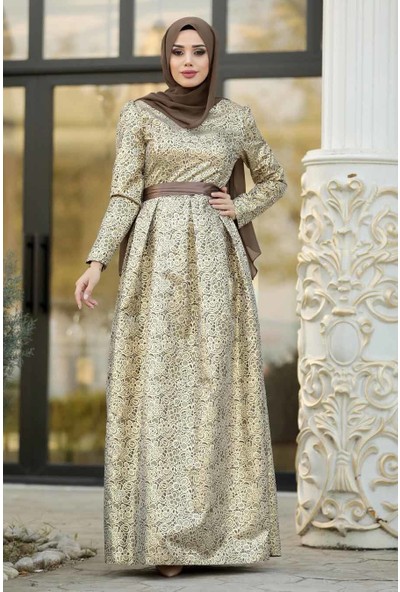 Tesettürlü Abiye Elbise - Desenli Vizon Jakarlı Tesettür Abiye Elbise 82452V