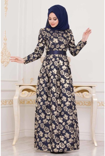Nayla Collection - Jakarlı Lacivert Tesettür Abiye Elbise 82460L