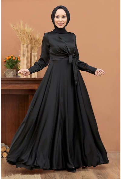 Tesettürlü Abiye Elbise - Krep Saten Siyah Tesettür Abiye Elbise 1420S Tesettürlü Abiye Elbise - Krep Saten Siyah Tesettür Abiye Elbise 1420S