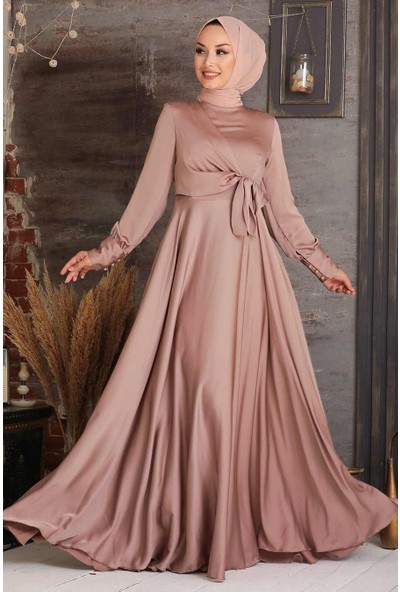 Tesettürlü Abiye Elbise - Krep Saten Bej Tesettür Abiye Elbise 1420BEJ Tesettürlü Abiye Elbise - Krep Saten Bej Tesettür Abiye Elbise 1420BEJ