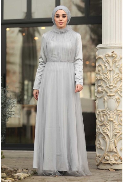 Tesettürlü Abiye Elbise - Boncuk Detaylı Gri Tesettür Abiye Elbise 2203GR