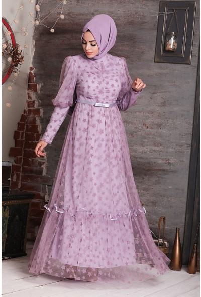 Tesettürlü Abiye Elbise - Yıldız Detaylı Lila Tesettür Abiye Elbise 22840LILA