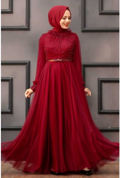 Tesettürlü Abiye Elbise - Inci Detaylı Bordo Tesettür Abiye Elbise 2712BR