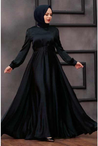 Tesettürlü Abiye Elbiseler - Kemerli Siyah Tesettür Abiye Elbise 28890S Tesettürlü Abiye Elbiseler - Kemerli Siyah Tesettür Abiye Elbise 28890S