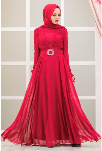 Tesettürlü Abiye Elbiseler - Tokalı Kemerli Kırmızı Tesettür Abiye Elbise 27690K Tesettürlü Abiye Elbiseler - Tokalı Kemerli Kırmızı Tesettür Abiye Elbise 27690K