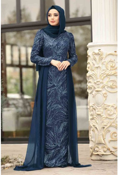 Tesettürlü Abiye Elbise - Pul Payetli Lacivert Tesettürlü Abiye Elbise 196711L Tesettürlü Abiye Elbise - Pul Payetli Lacivert Tesettürlü Abiye Elbise 196711L