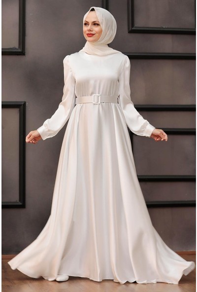 Tesettürlü Abiye Elbiseler - Kemerli Ekru Tesettür Abiye Elbise 28890E Tesettürlü Abiye Elbiseler - Kemerli Ekru Tesettür Abiye Elbise 28890E