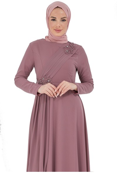 Moda Echer Güpür ve Dantel Detaylı Şifon Astarlı Tesettür Abiye Elbise 7622